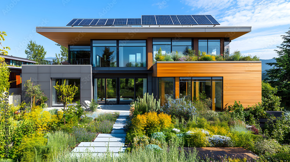 A modern eco-friendly house with solar panels on the roof and a green ...