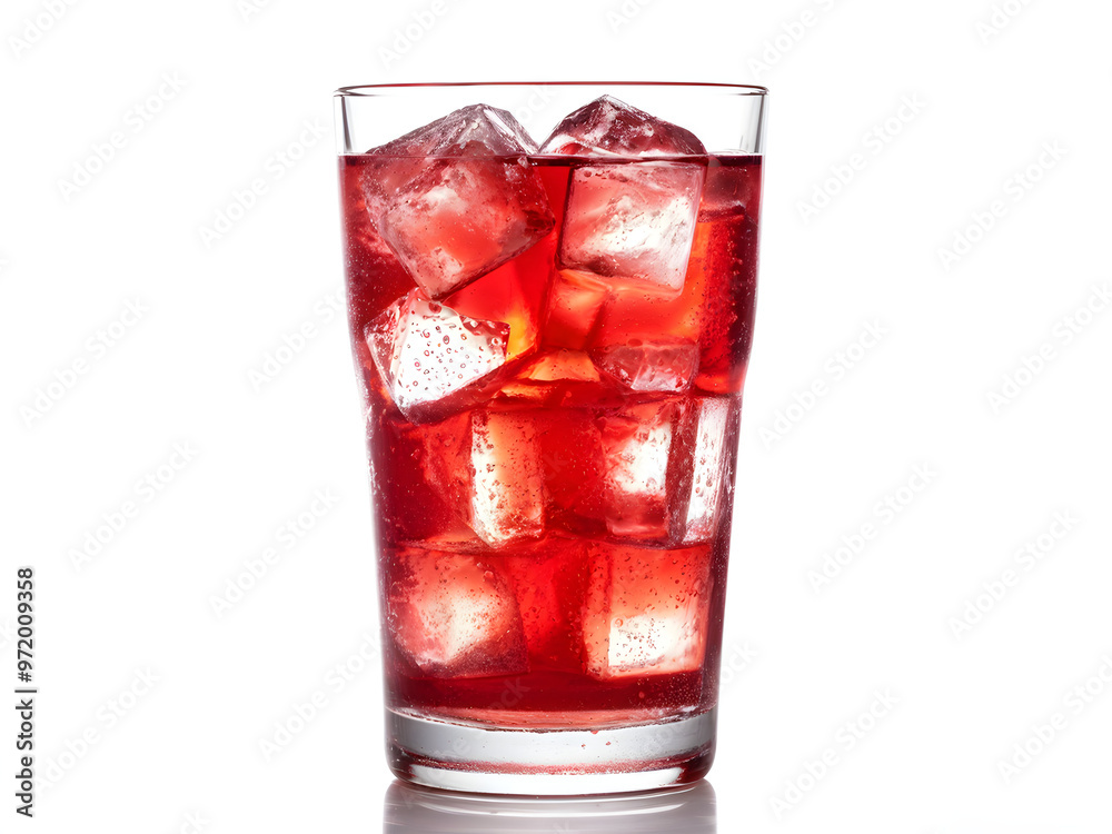 Glass of red soda water with ice cubes isolated on white Stock Photo ...