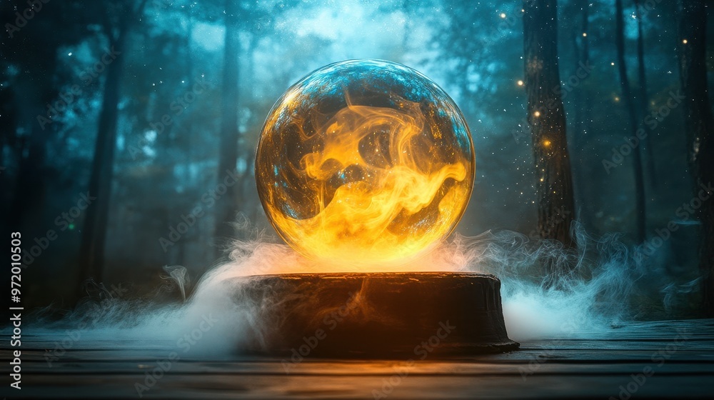 A floating crystal ball with mystical smoke captivates onlookers in an ...