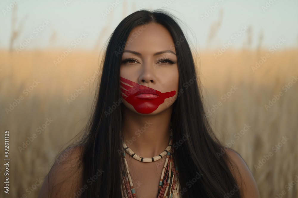Young Native American, Indigenous, First Nations woman with red ...