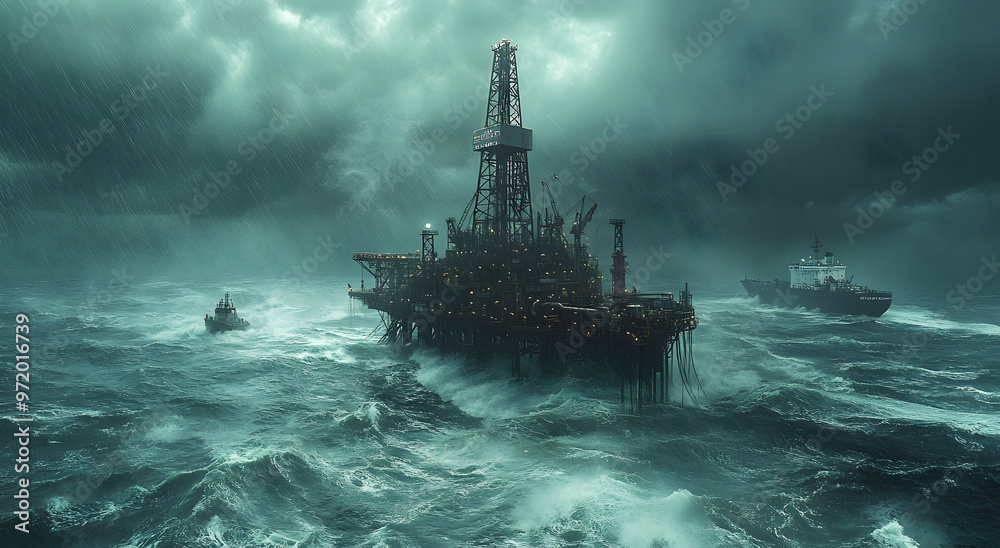“An Oil Rig in the Middle of an Ocean with Rough Weather and Choppy ...