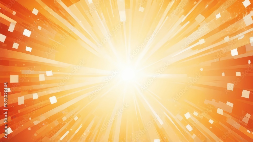 Sunburst background in orange color, sun rays go from center outward ...