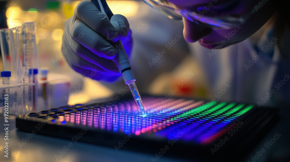 Close up of scientist using pipette on colorful microplate in ...
