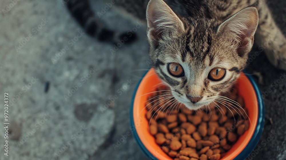 Cat Feeding Time, Featuring a Cat Eating from a Bowl or Feeder. The ...