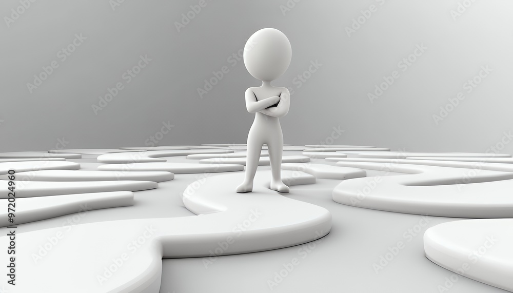 3D stick figure standing on a platform with a question mark pattern in ...