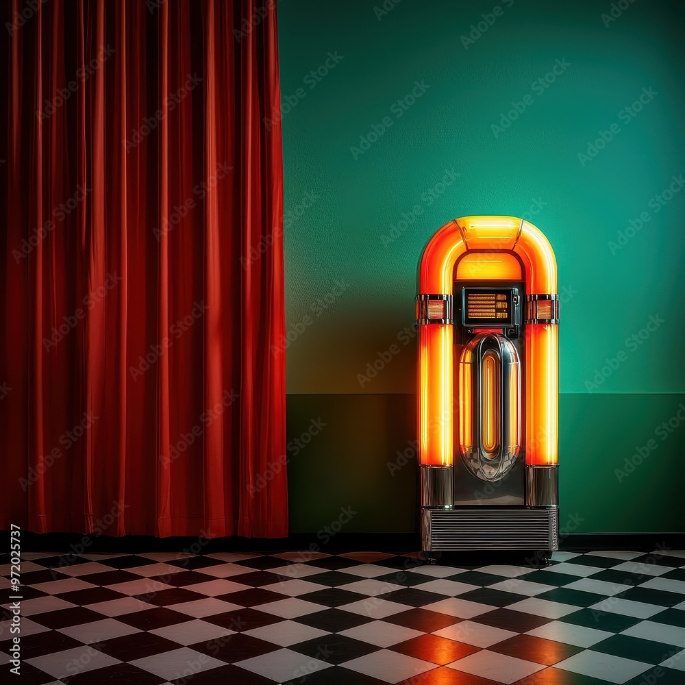 Vintage jukebox in a retro setting with vibrant colors and checkerboard ...