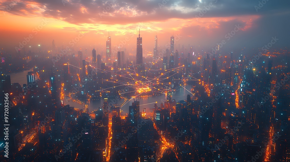 A sprawling cityscape with glowing data cables and wireless signals ...