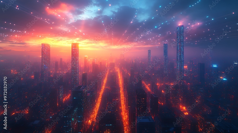 A sprawling global city network with glowing fiber optic cables linking ...