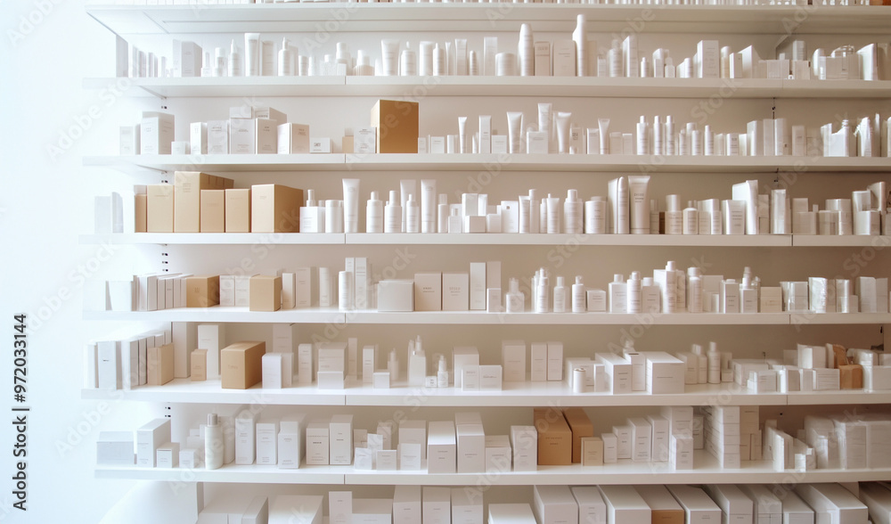 Shelves filled with generic white and brown packaging, representing ...