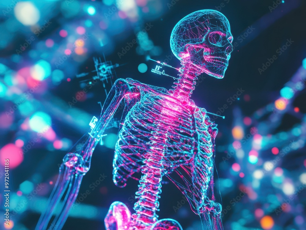 Human skeleton overlaid with neon DNA strands, each bone connected by ...