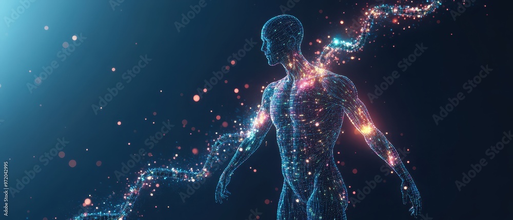 Futuristic human body composed of pixelated DNA sequences, blending ...