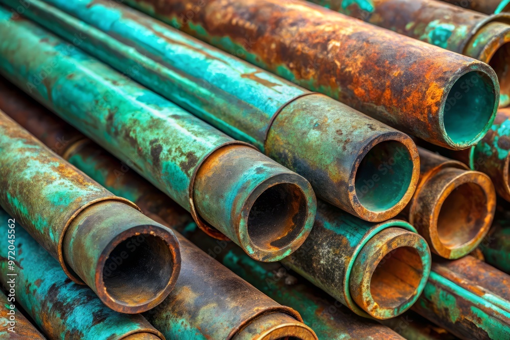 "Copper water pipes exhibit a patina of greenish-blue oxidation, formed ...