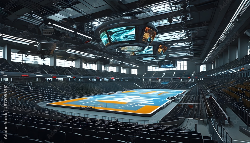 Futuristic sports arena featuring augmented reality, AI performance ...