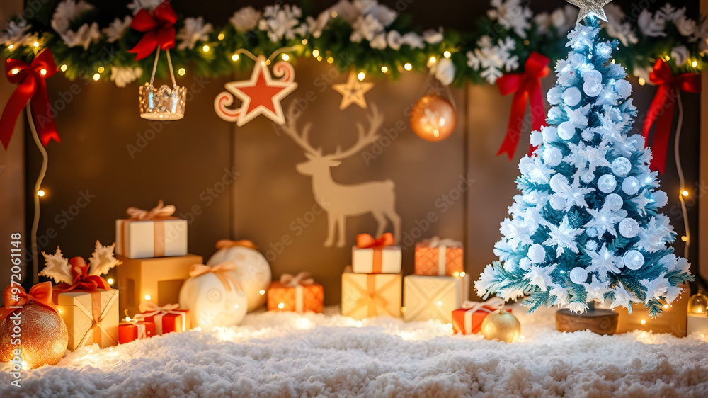 Christmas backdrop with festive decorations and twinkling fairy lights ...