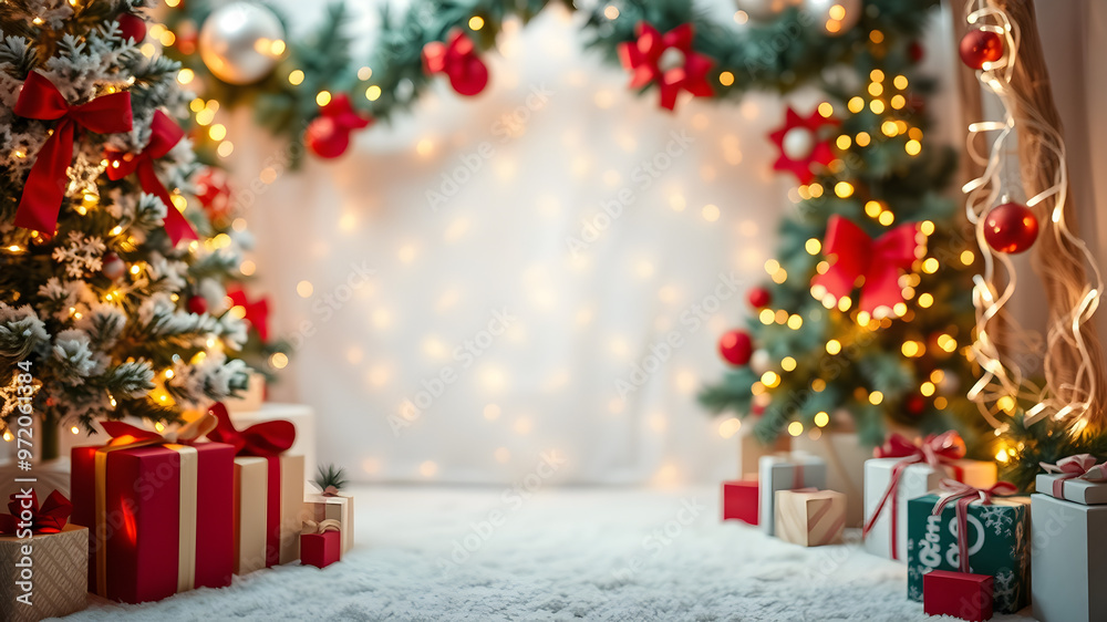 Christmas backdrop with festive decorations and twinkling fairy lights ...