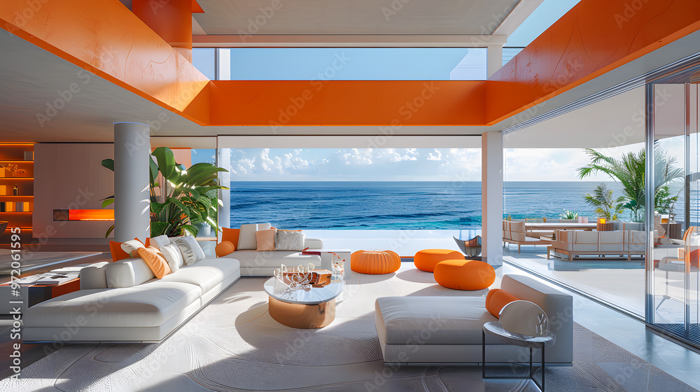 Modern hi-tech living room interior in coral tones with a panoramic ...