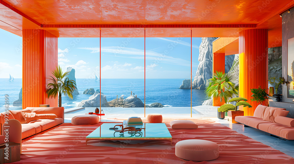 Modern hi-tech living room interior in coral tones with a panoramic ...