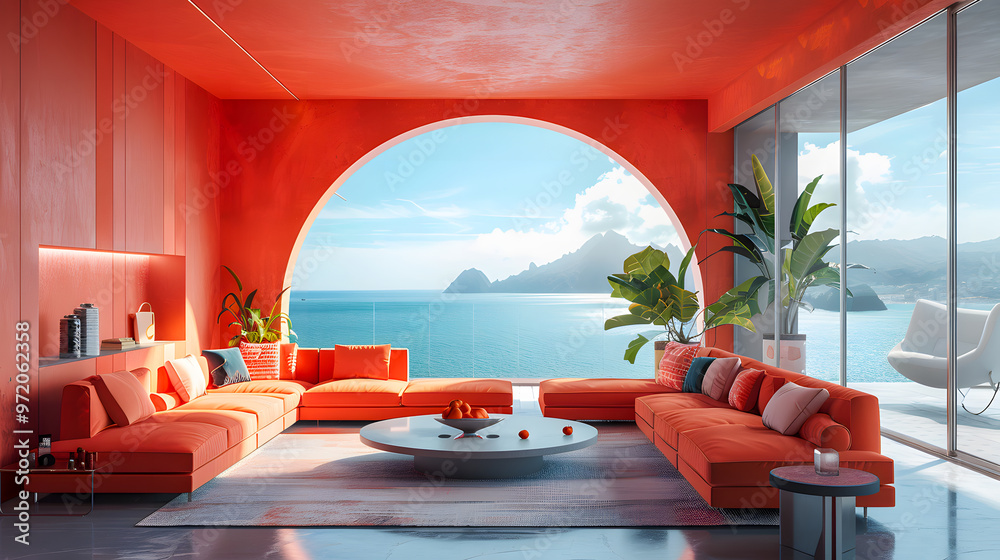 Modern hi-tech living room interior in coral tones with a panoramic ...