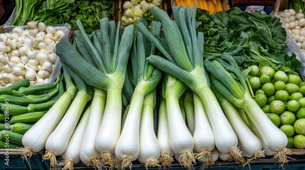 A display of fresh market-ready leeks (Allium ampeloprasum), with long ...