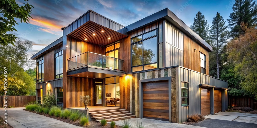 A modern two-story home with a mixed material exterior, featuring ...