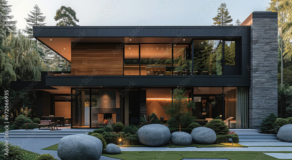 A modern minimalist villa with a prominent chimney covered with natural ...