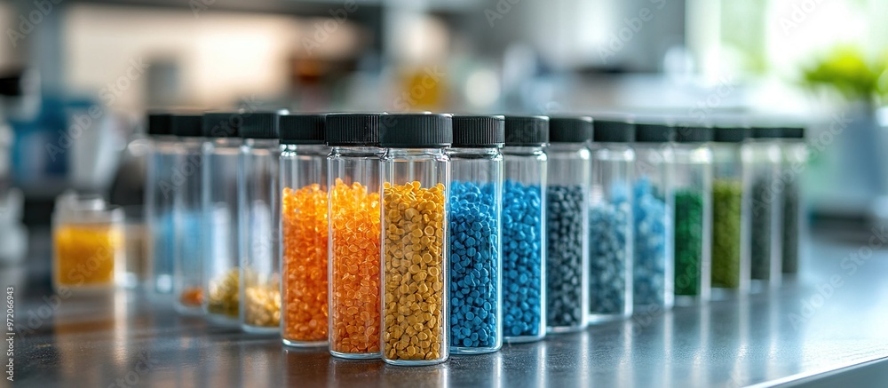 Colorful Plastic Pellets in Glass Jars. Granules Of Eco-Friendly ...