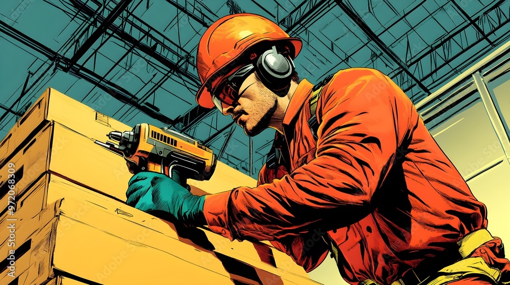 Stylized worker using a high-tech power tool, securing items on a ...