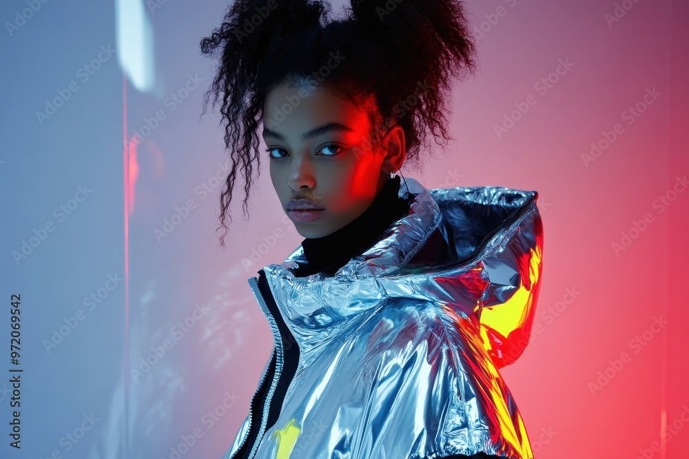 Futuristic Gen Z Fashionista in Reflective Oversized Jacket Exploring ...