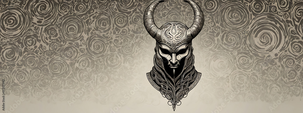 A simple design of the Norse god Loki’s horned helmet, with abstract ...