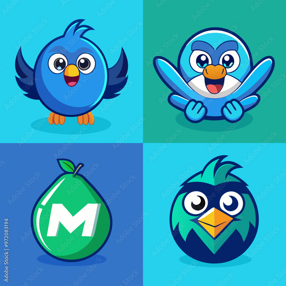 4 different cartoon-style logos for a blue bird mascot, a money bag ...