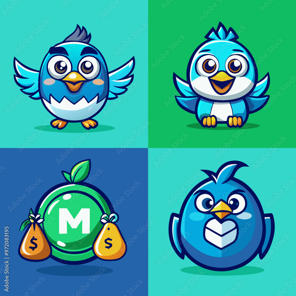 4 different cartoon-style logos for a blue bird mascot, a money bag ...