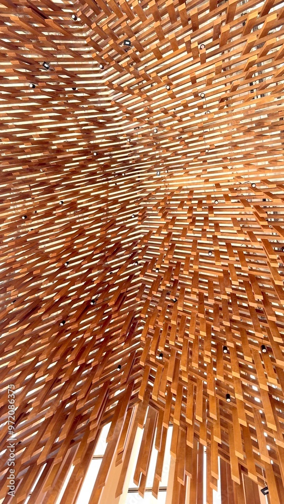 Abu Dhabi, UAE - September 6, 2024: Layered wooden structure mimics ...