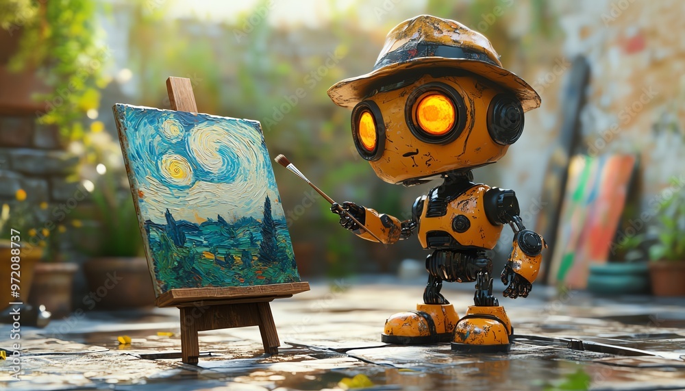Cute baby robot aspiring to be Vincent Willem van Gogh, wearing Van ...