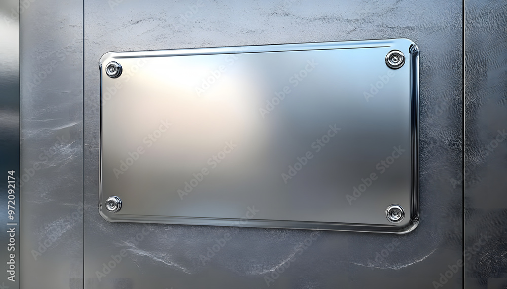 Silver large metal plate with rounded corners is mounted on the wall ...