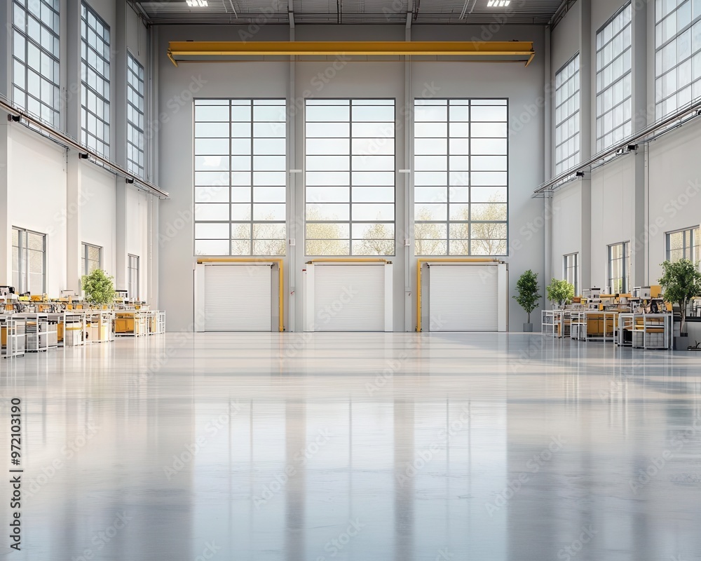 Interior of a vast factory, wide-open floor plan, high ceilings, clean ...