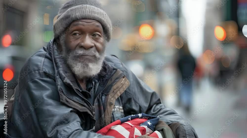 video of black skin old homeless man with american flag on the street ...
