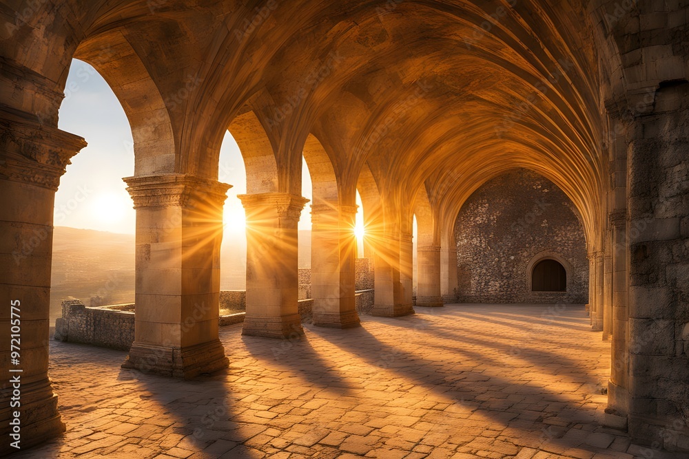 Shiny golden rays of a setting sun filtering through the arches of an ...