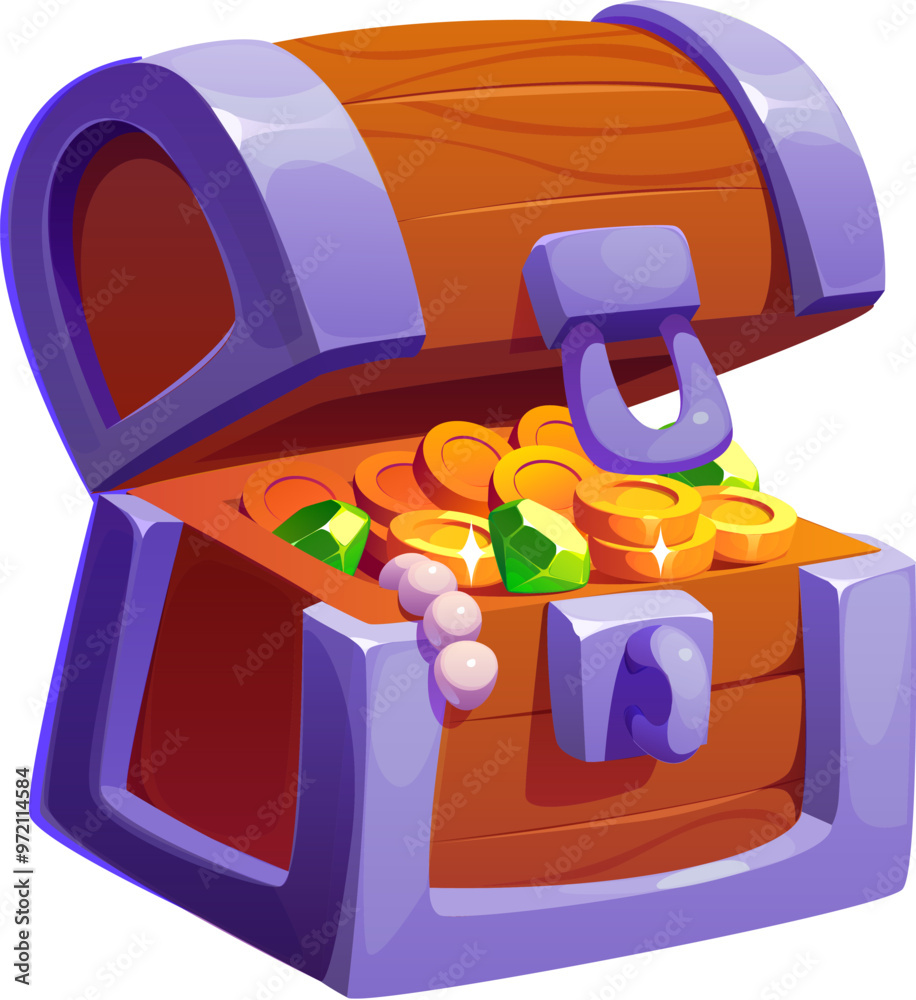 Cartoon pirate treasure chest with gold and gemstones. Vector old trunk ...