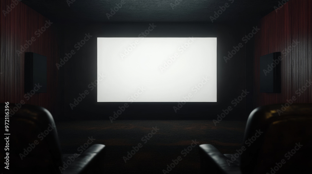 Blank Movie Screen in Home Theater: Two leather recliners face a large ...