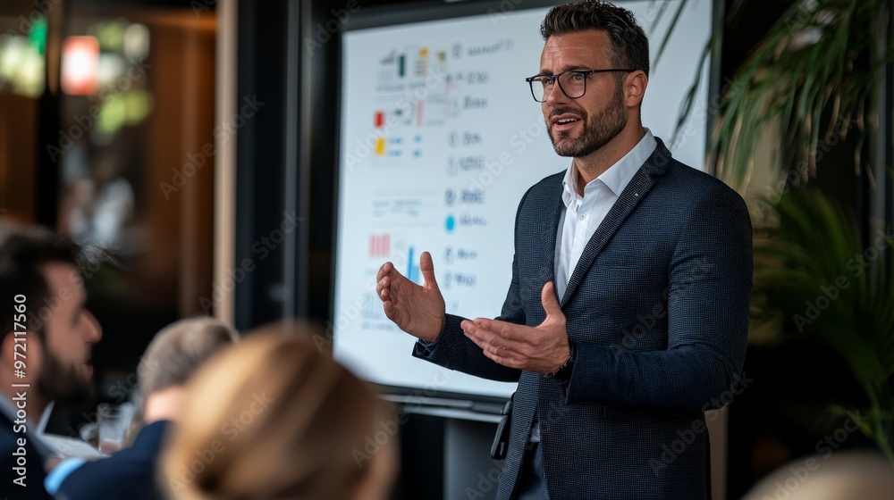 Business professional giving a presentation in a modern office ...