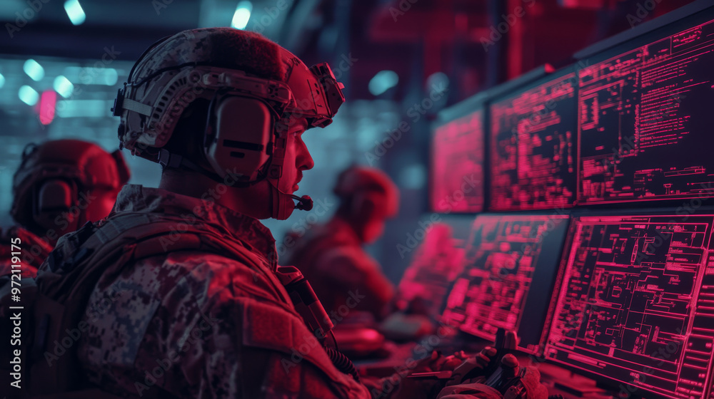 Cyber Warfare Command Center: A soldier, in full tactical gear, stares intently at the screens ...