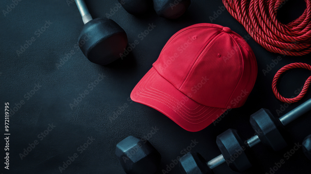 Red Cap, Black Weights, and a Rope: Flat lay of a red baseball cap ...