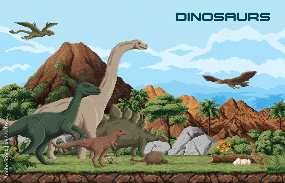 8 bit pixel art prehistoric dinosaurs and Jurassic lizards in forest ...