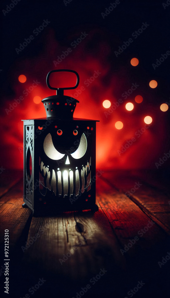 Scary halloween lantern with evil eyes and face on a rustic wood table ...