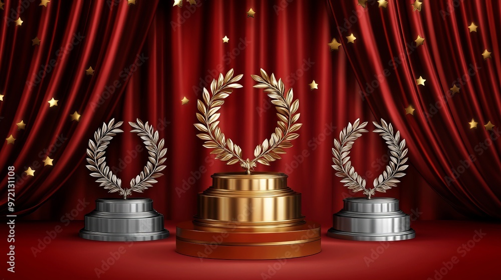 Gold, silver, and bronze award signs on a podium with laurel wreaths ...