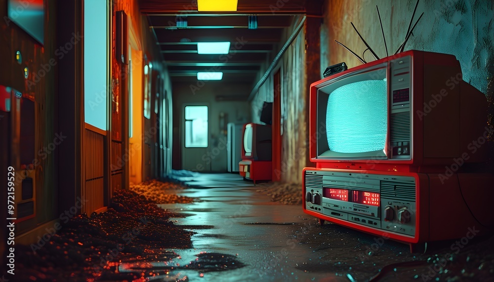 ภาพประกอบสต็อก Eerie vintage television displaying glitchy red static ...