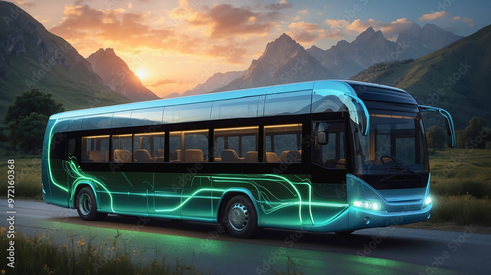 Futuristic electric bus illuminated by neons while driving. Glowing ...