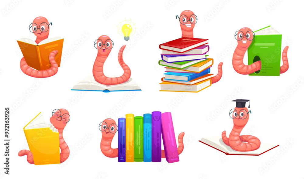 Cartoon cute bookworm characters in eyeglasses. Funny book worm animals ...