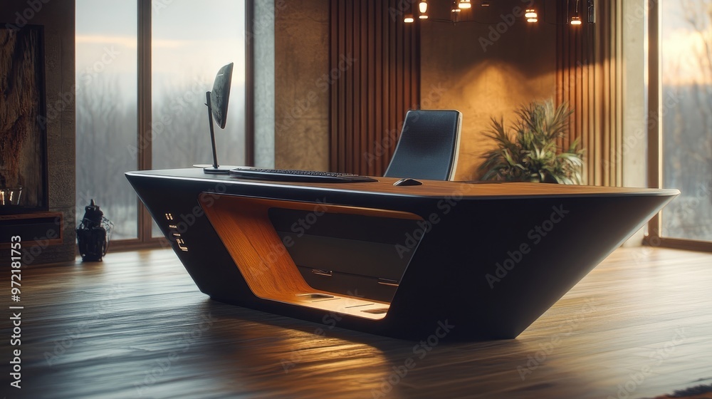Elegant office desk with a unique angular design and integrated power ...