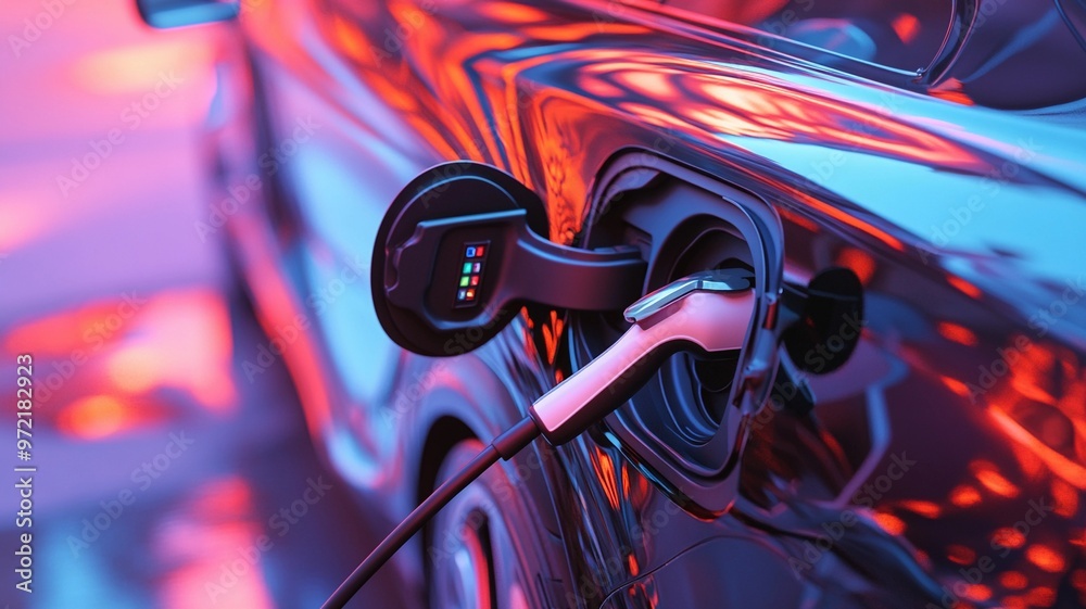 Close-up of an electric vehicle plugged into a charging station ...